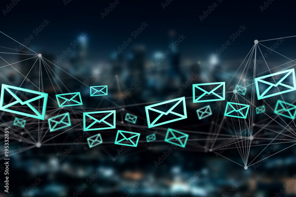Blue Email symbol displayed on a city background - 3D rendering Stock ...