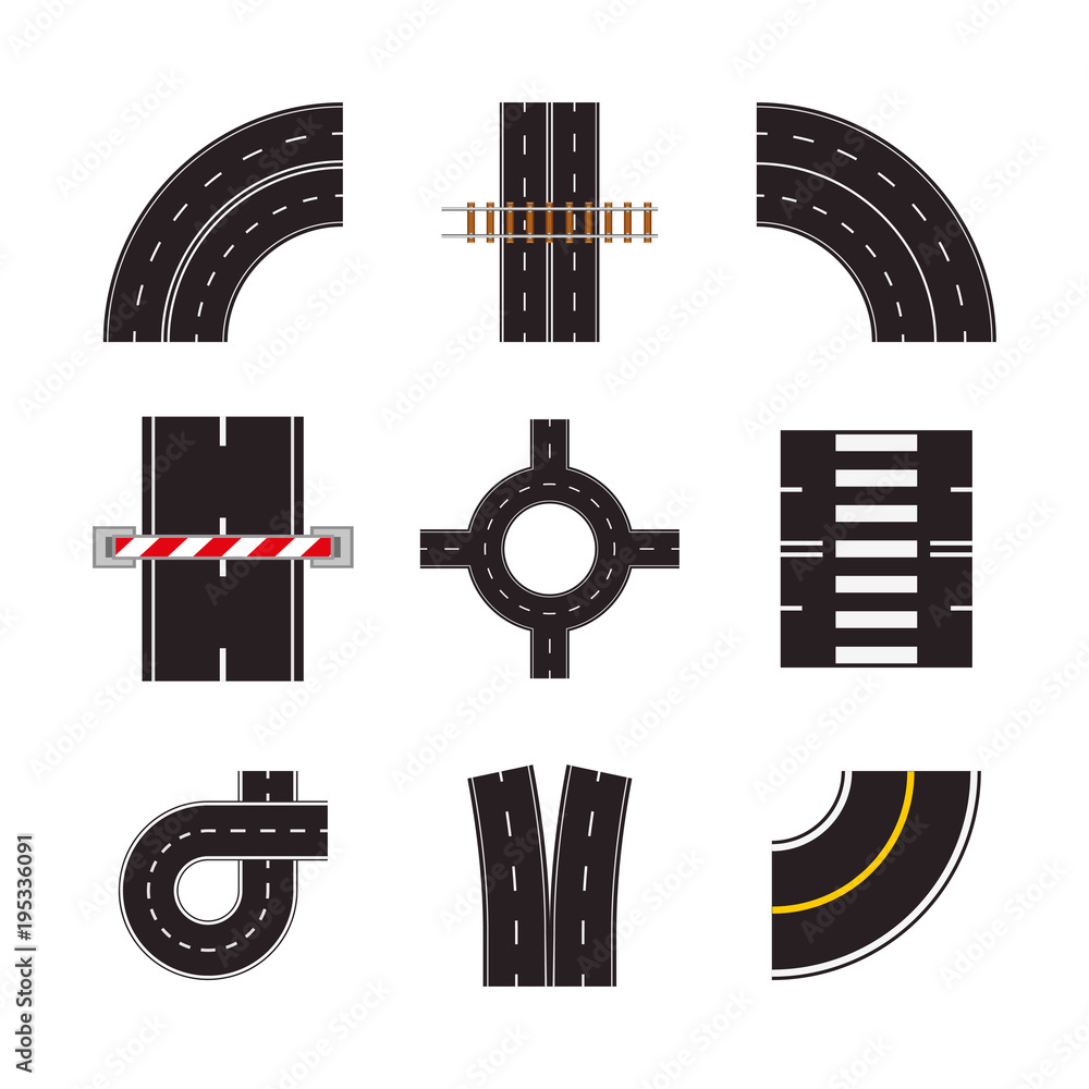 Set of road elements with roundabouts, tunnels and different signs ...