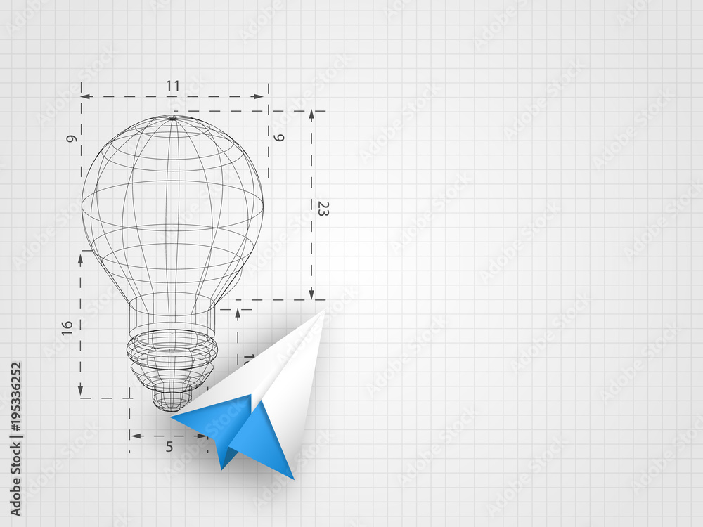 The lightbulb wireframe with origami airplane on grid background ...