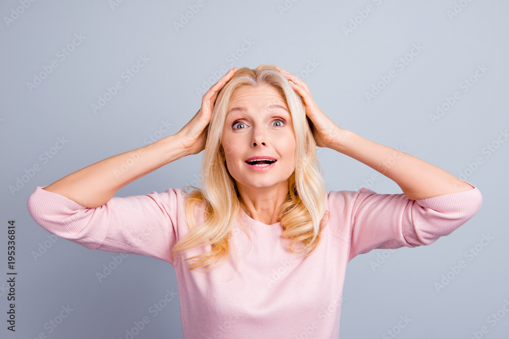Wow omg people sale discount. Close up portrait of cheerful excited fun ...