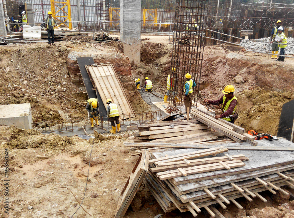 Building foundation work at construction site. Bore pile and pile cap ...