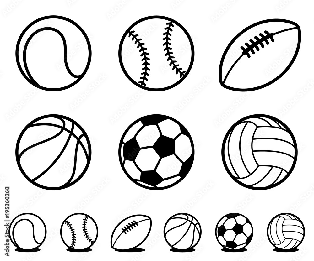 Set of black and white cartoon sports ball icons Stock Vector | Adobe Stock
