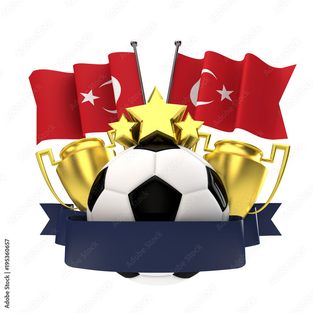 Turkey flag football winners emblem with trophy, stars, ball and ribbon ...