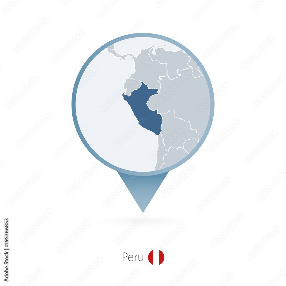 Map pin with detailed map of Peru and neighboring countries. Stock ...