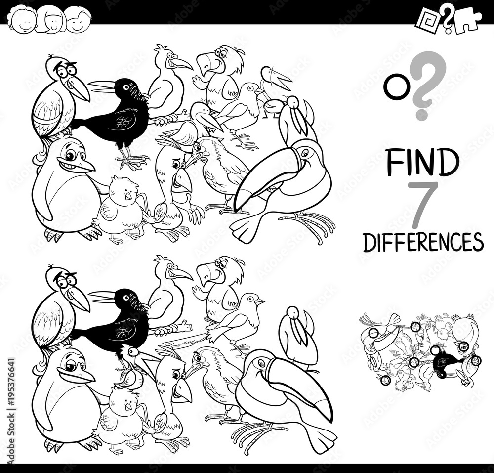 find differences game with birds coloring book Stock Vector | Adobe Stock