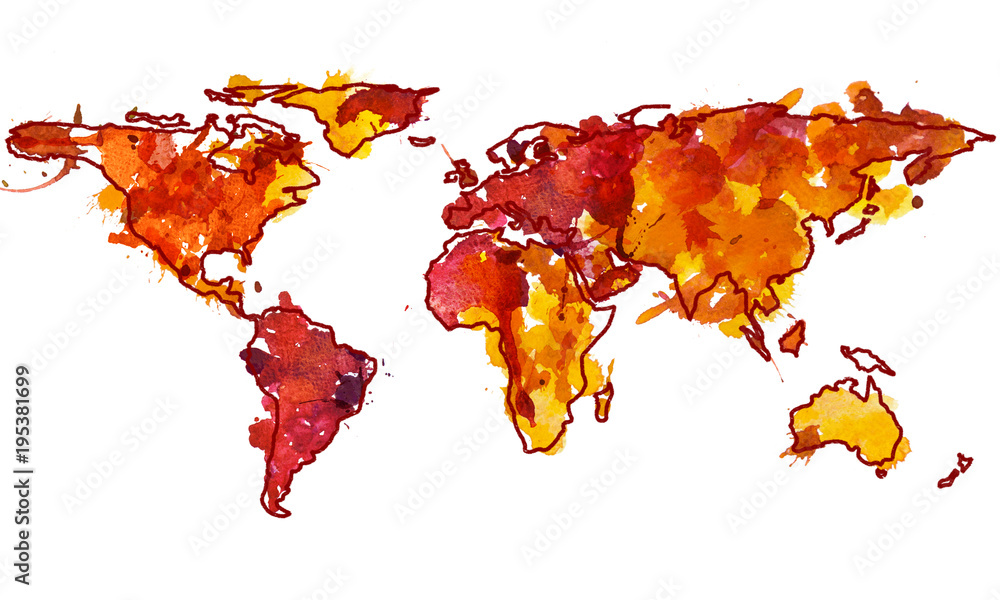 2d hand drawn illustration of world map. Red yellow splash watercolor ...