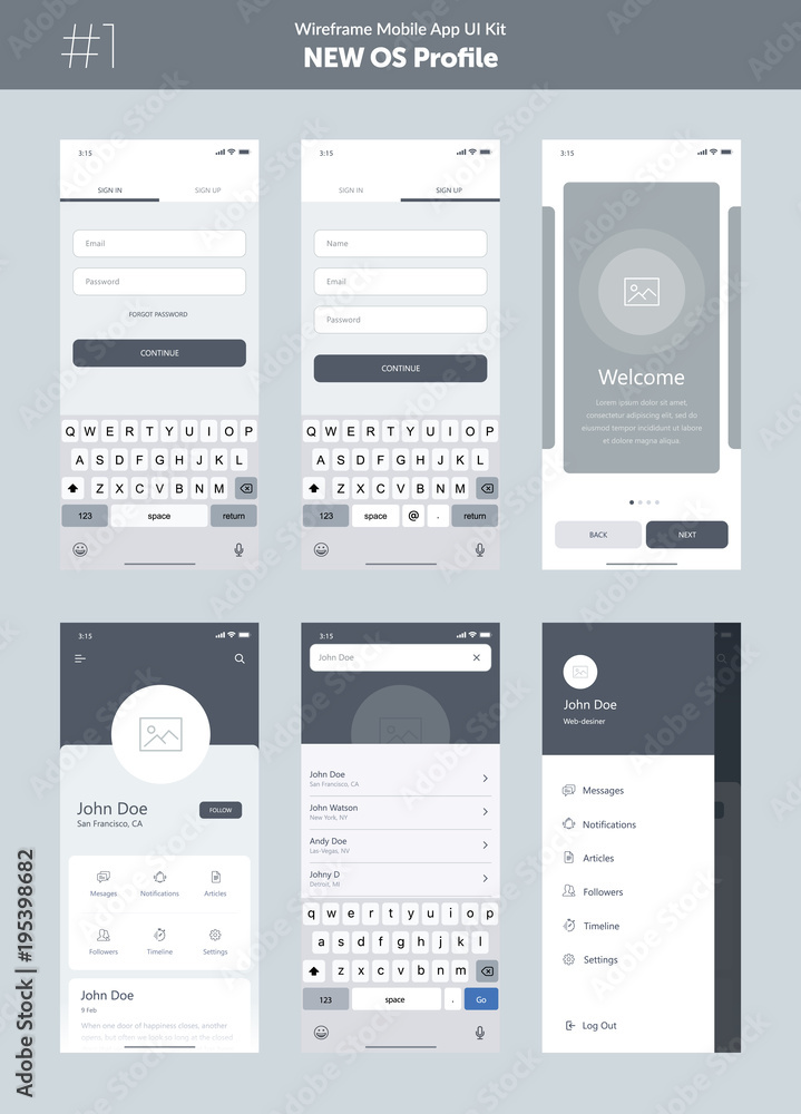 Wireframe kit for mobile phone. Mobile App UI, UX design. New OS Profile. Walkthrough, welcome ...