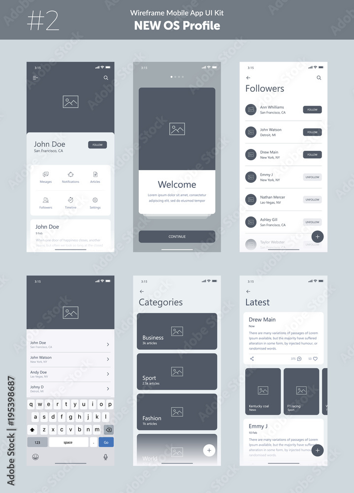 Wireframe kit for mobile phone. Mobile App UI, UX design. New OS Profile. Walkthrough, welcome ...