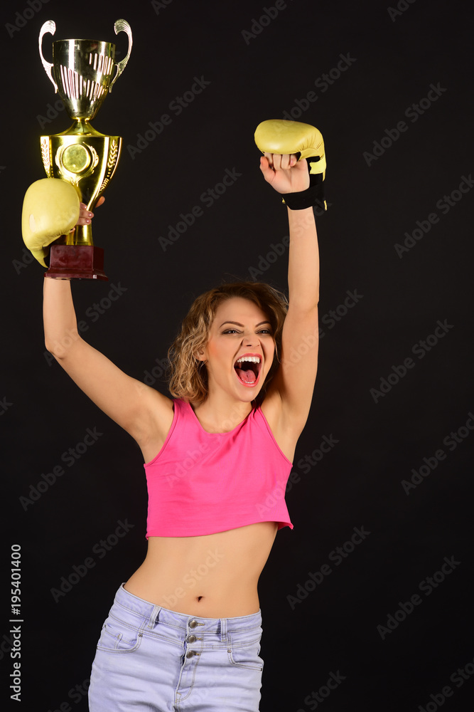 Concept of victory, winner and success. Smile woman in sportswear with ...