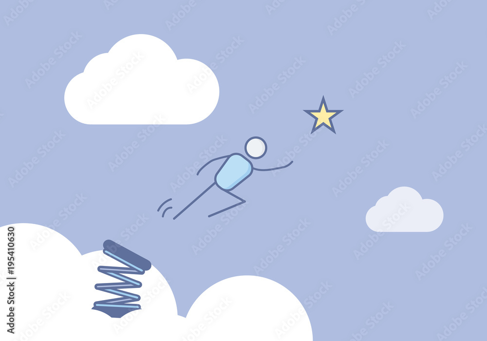 Stick figure jumping in the sky ready to reach the star. Vector ...