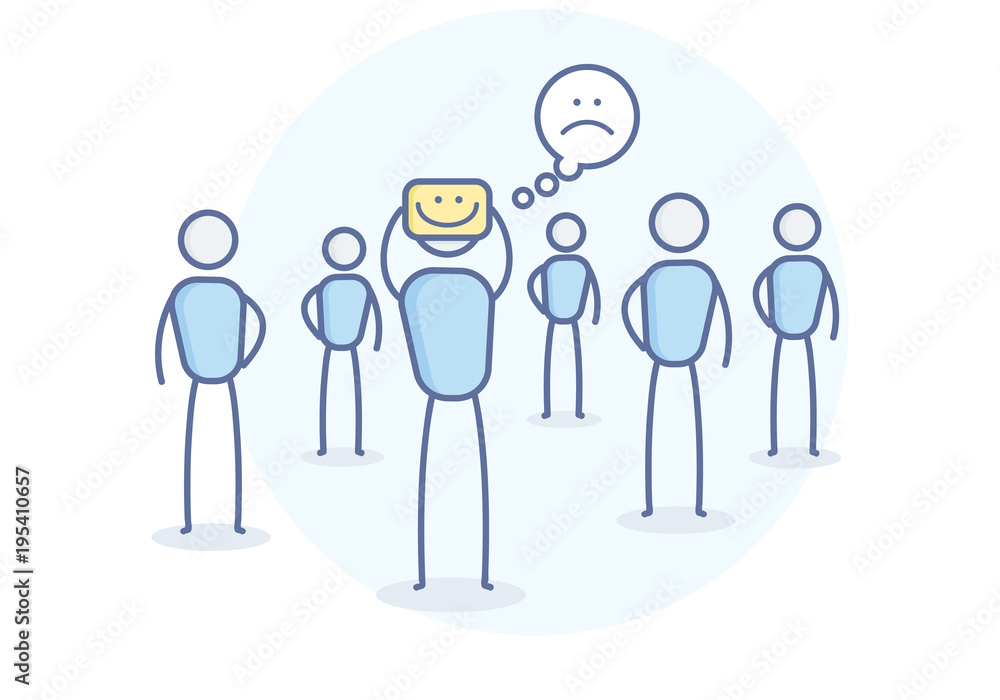 Depressed cartoon character hiding his true feelings. Vector ...