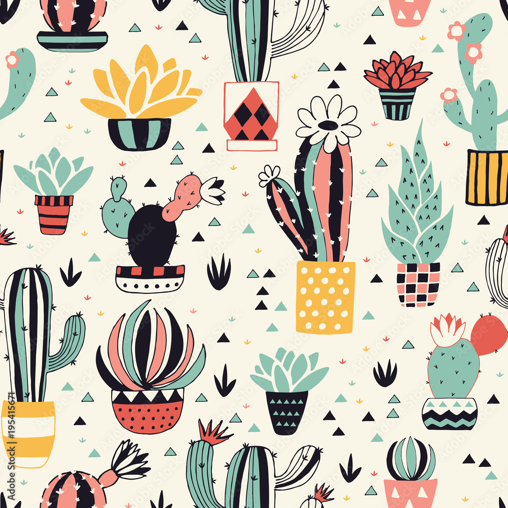 Cacti in a Flower Pot with geometric elements. Seamless pattern with ...