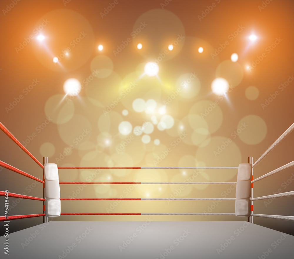 boxing ring with illumination by spotlights. digital effect 3d render ...