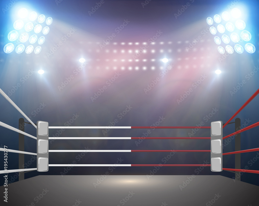 boxing ring with illumination by spotlights. digital effect 3d render ...