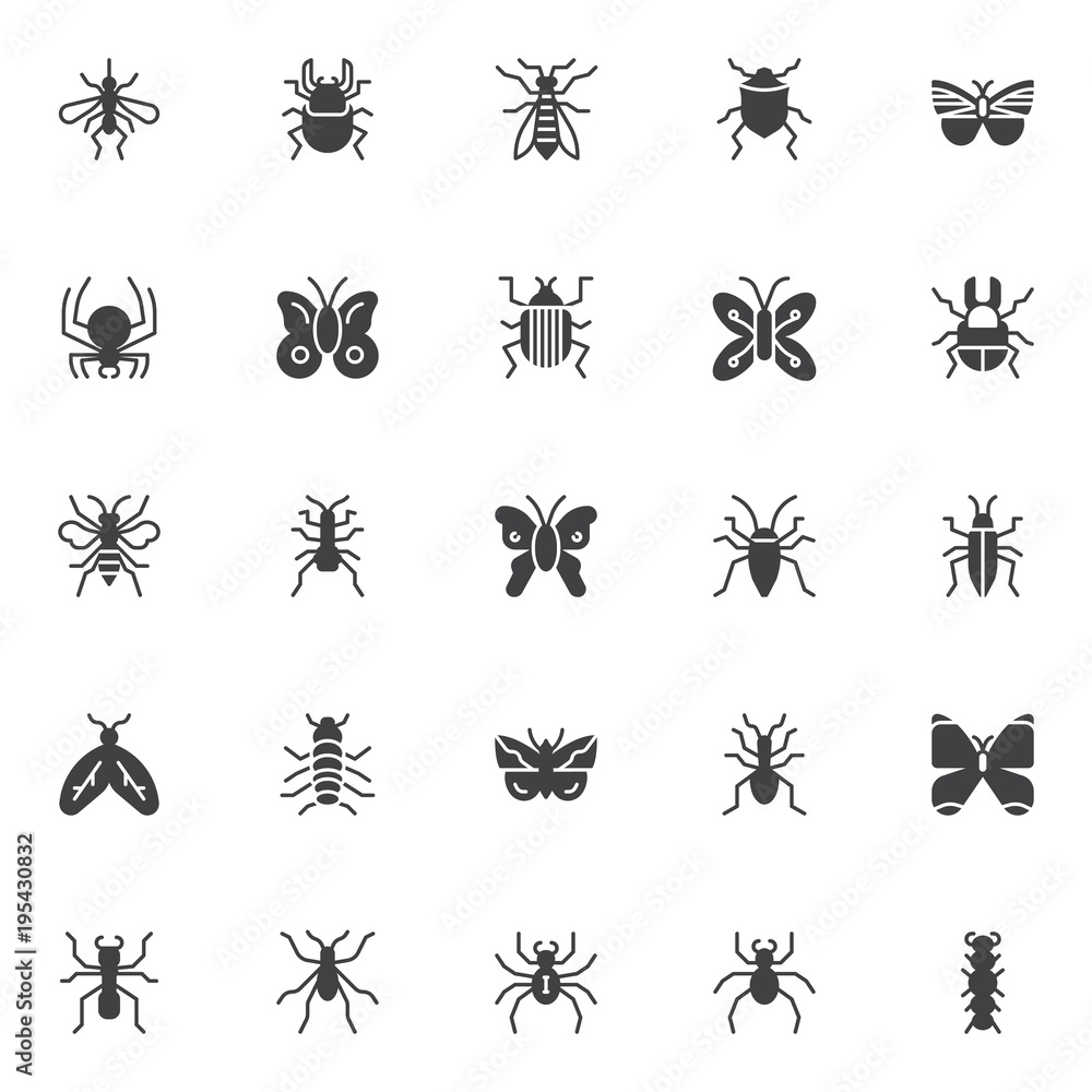 Bugs and insects vector icons set, modern solid symbol collection ...