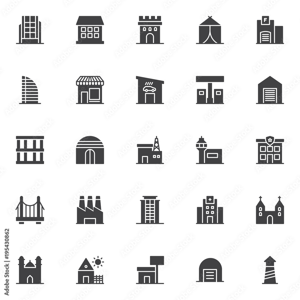 Buildings vector icons set, modern solid symbol collection, filled ...