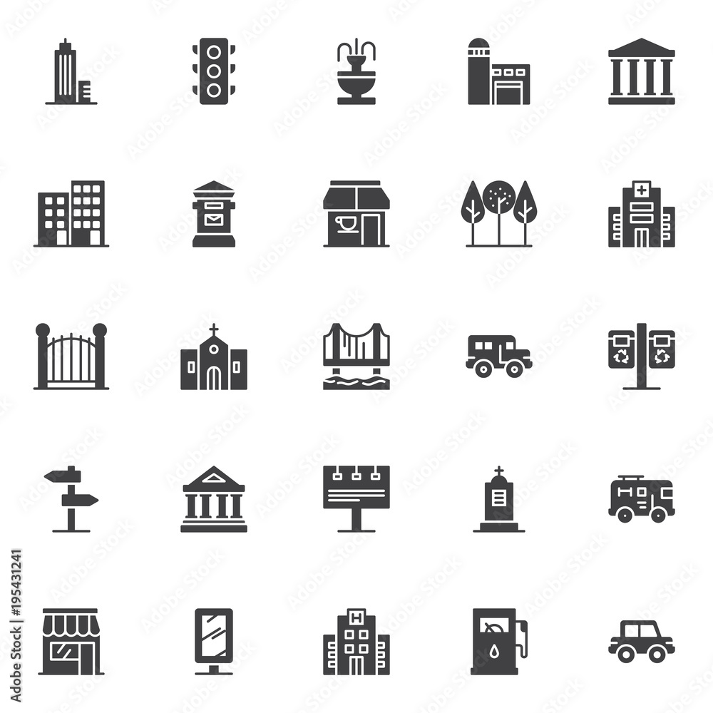 City buildings vector icons set, modern solid symbol collection, filled ...