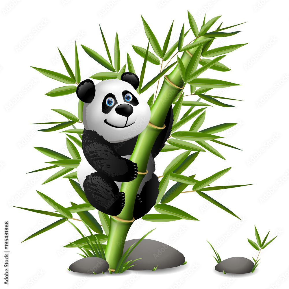 Smiling cartoon panda hanging on bamboo. Vector clip art illustration ...
