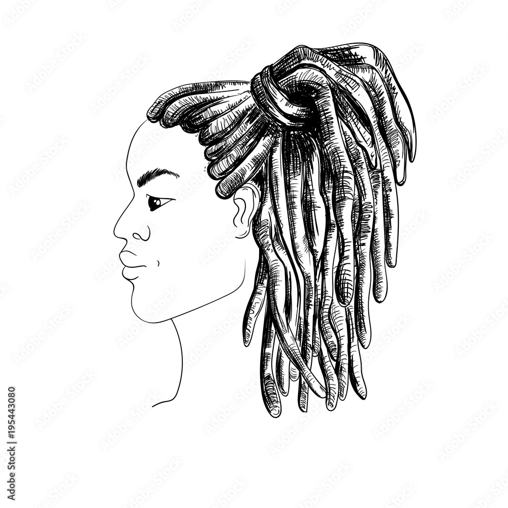 Portrait of man with dreadlocks in profile. Isolated on white ...