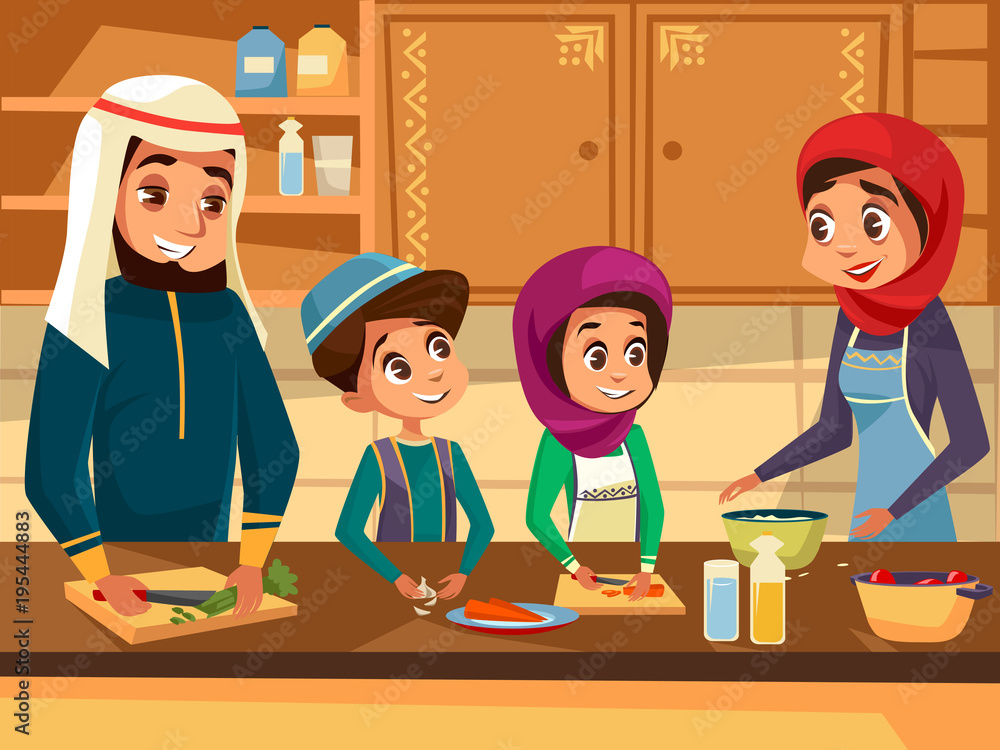 Arab family cooking together at kitchen vector cartoon flat ...