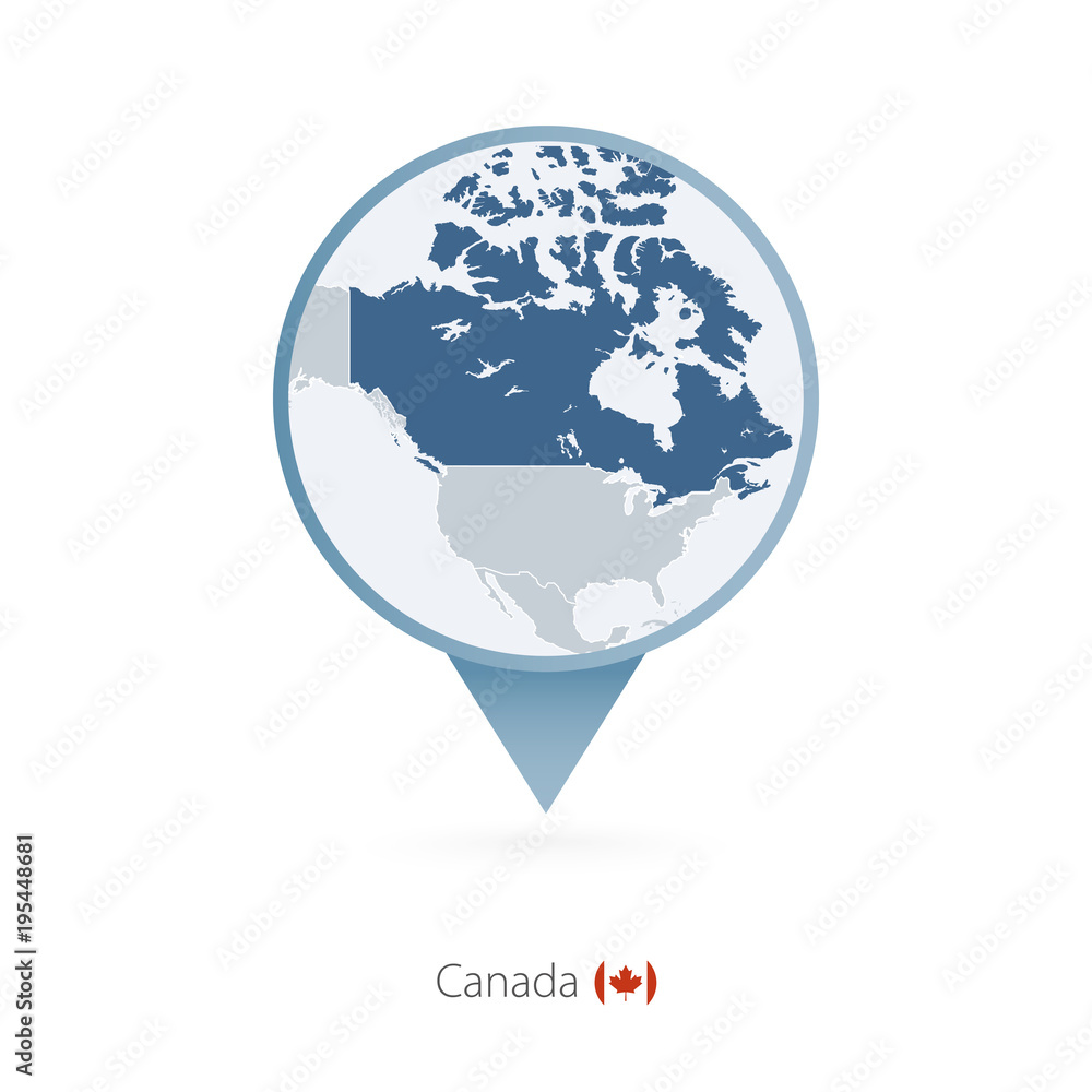 Map pin with detailed map of Canada and neighboring countries. Stock ...
