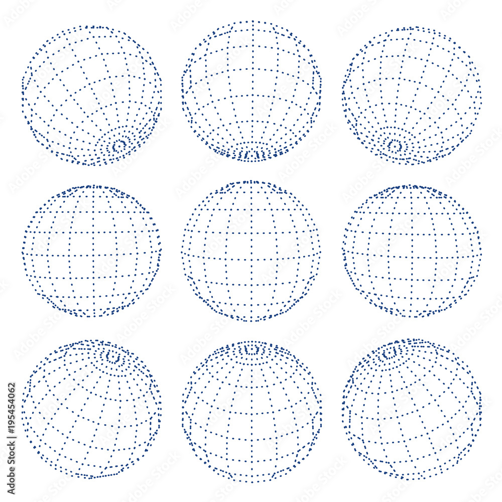 Set of 3d spheres globe earth grid from different sides. Horizontal and ...