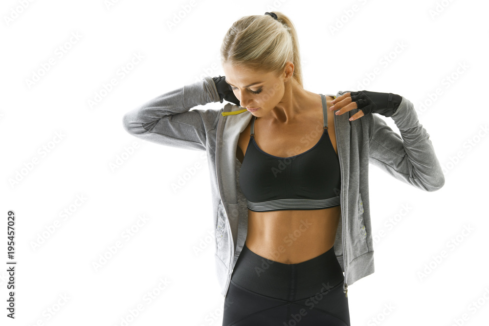 Close-up shot of fit young female fitness model taking a break after ...