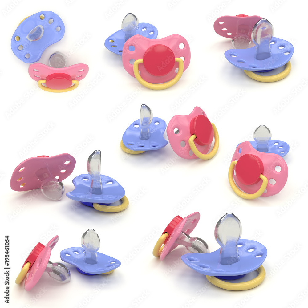 3D realistic render of pacifier for boys and girls. Different views ...