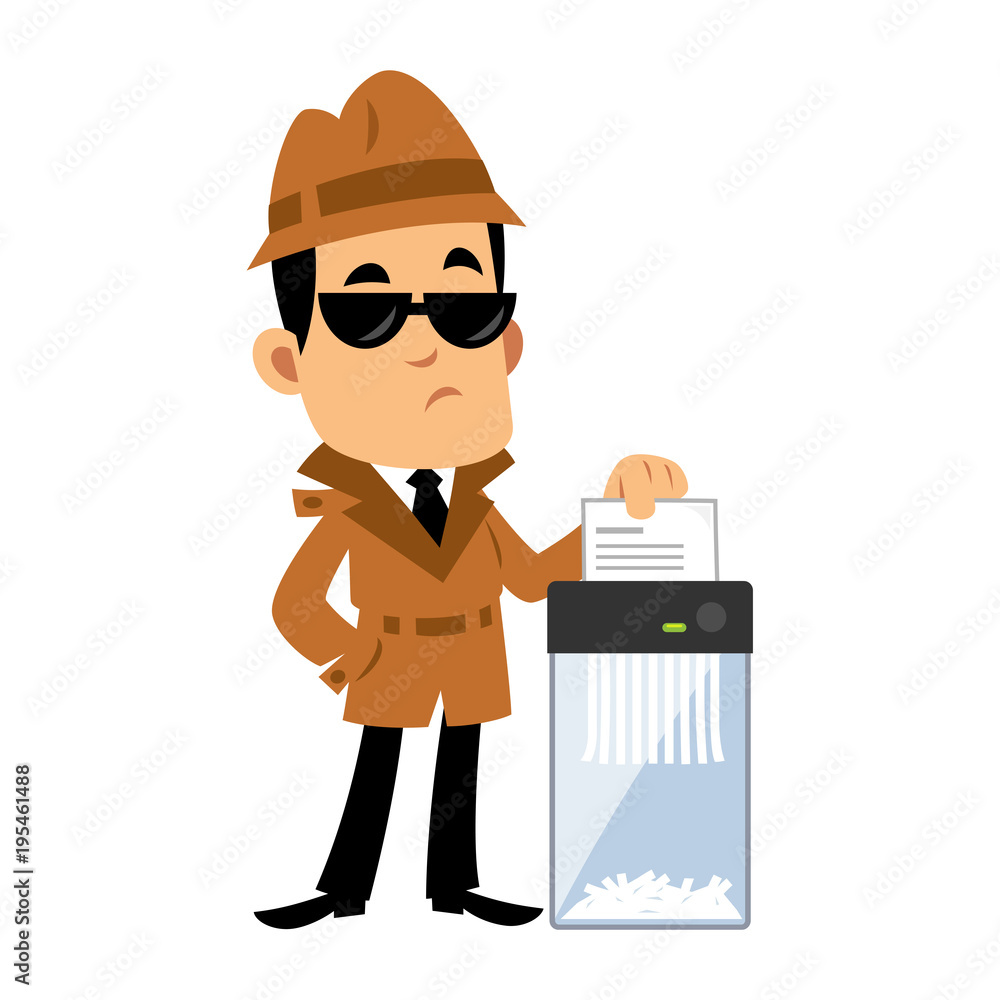Vector drawing of a detective, he is destroying a document in a paper ...