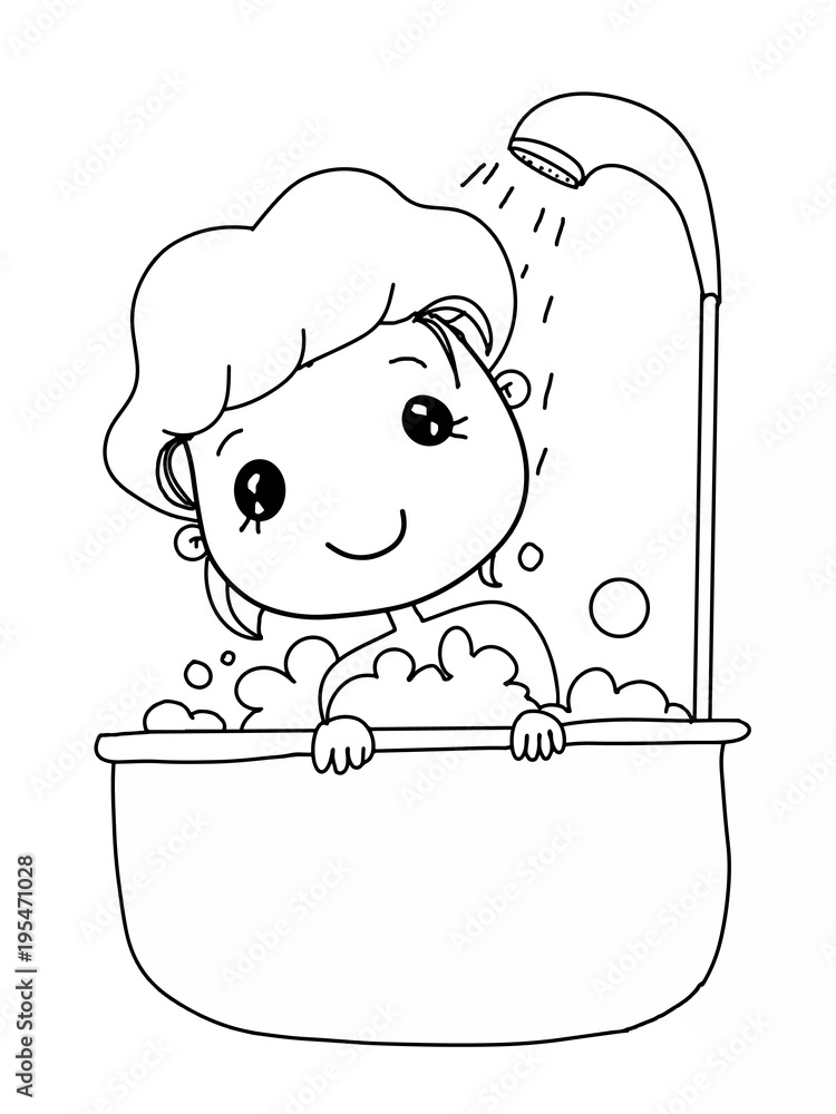 cartoon cute bathing child girl drawing Stock Illustration | Adobe Stock