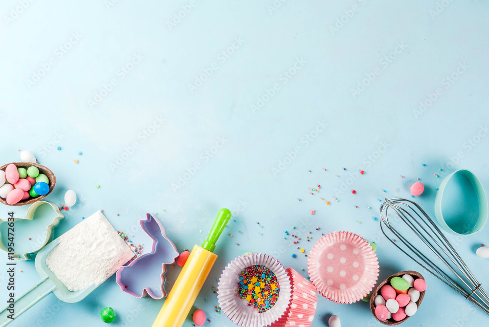 Sweet baking concept for Easter, cooking background with baking - with ...