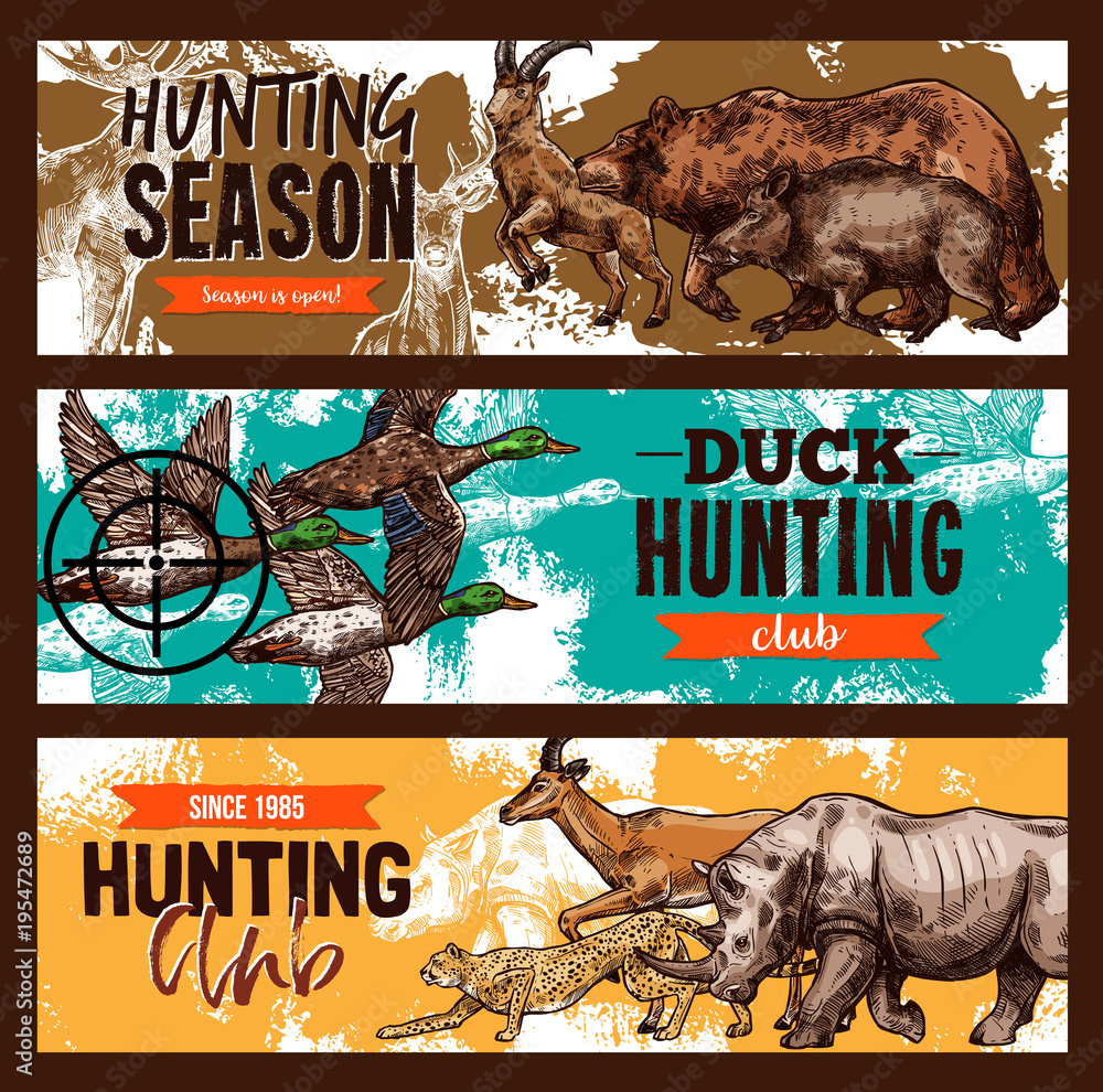 Vector sketch banners for wild hunting open season Stock Vector | Adobe ...