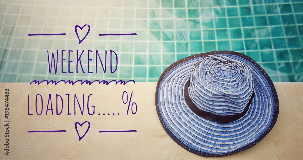 Weekend loading background, summer concept, design hat on swimming pool ...