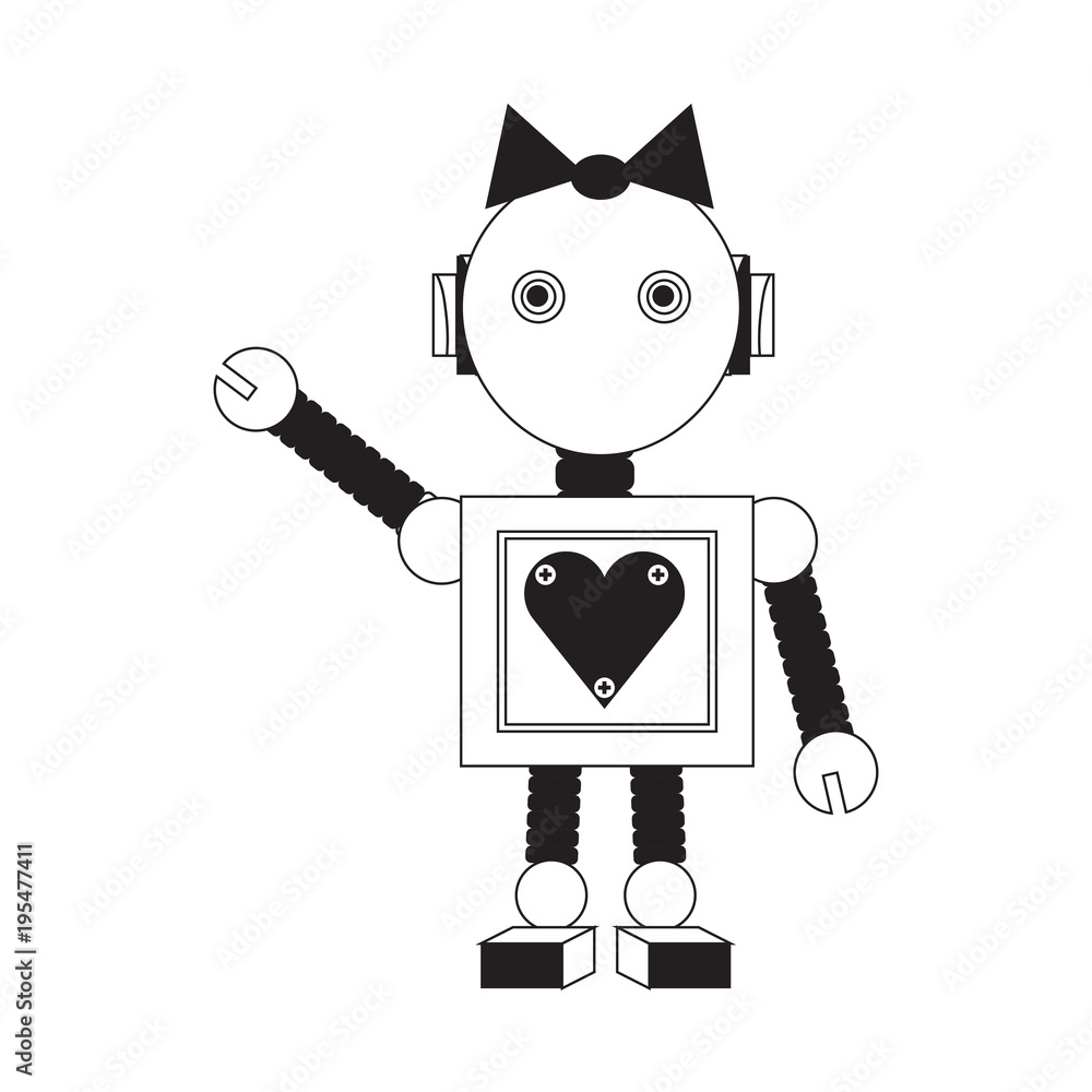cartoon robot girl icon over white background black and white design ...