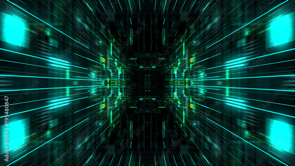 Abstract futuristic sci fi warp tunnel with particle grid. Graphic for ...