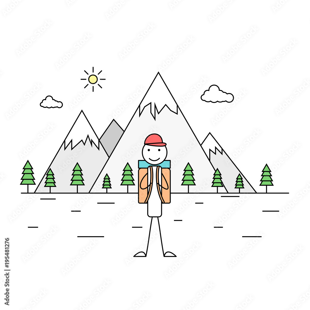 Happy cartoon stick figure with backpack enjoying outdoors nature ...