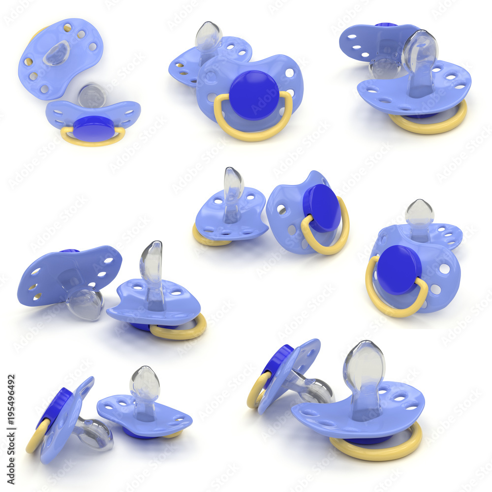 3D realistic render of pacifier for boys. Different views. Isolated on ...