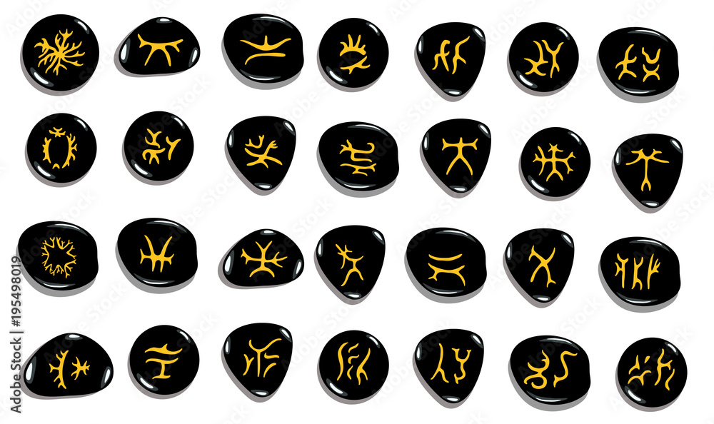 Set of hand drawn lichen glyphs written in stone, ancient magical ...