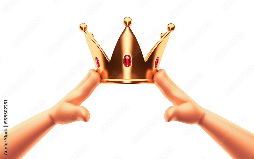 Hands cartoon are wearing a golden crown on head copy space isolated on ...