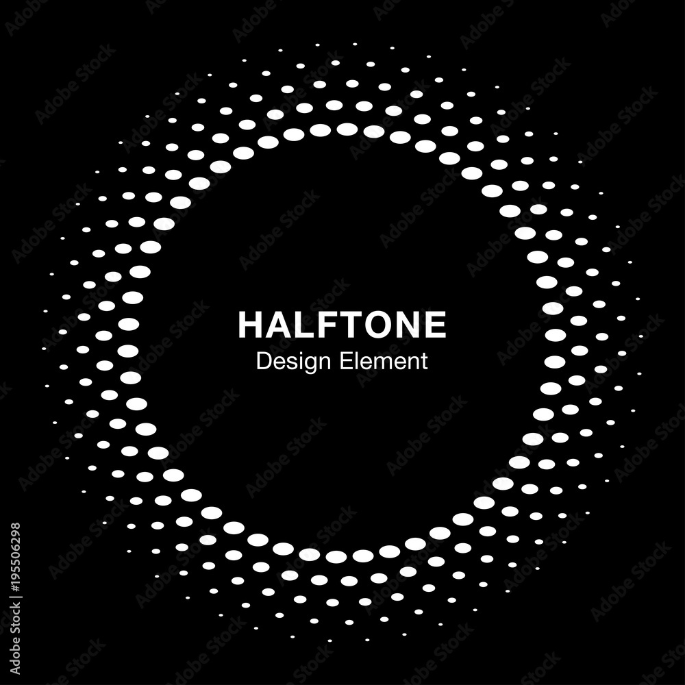 White halftone vector circle frame oval dots logo emblem on black ...