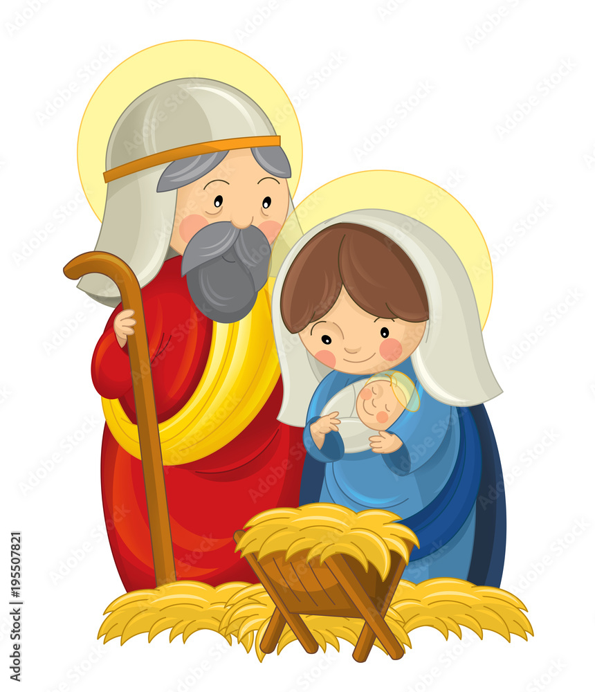 cartoon scene with joseph and mary with jesus on white background ...
