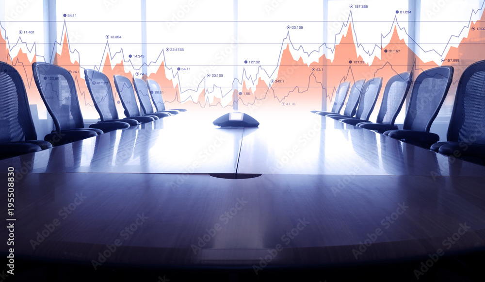 Blue color of conference room and financial graph chart .Business ...