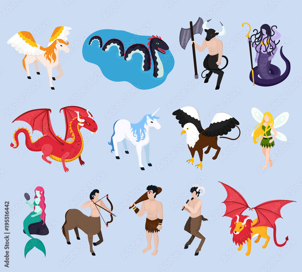 Mythical Creatures Isometric Icons Stock Vector | Adobe Stock