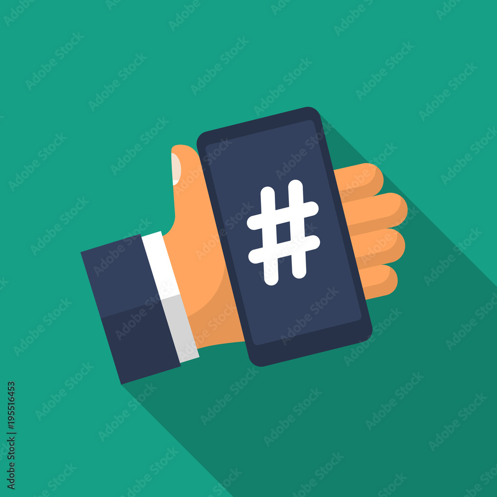 Hashtag concept. Phone in hand with hashtag symbol. Promotion of social ...