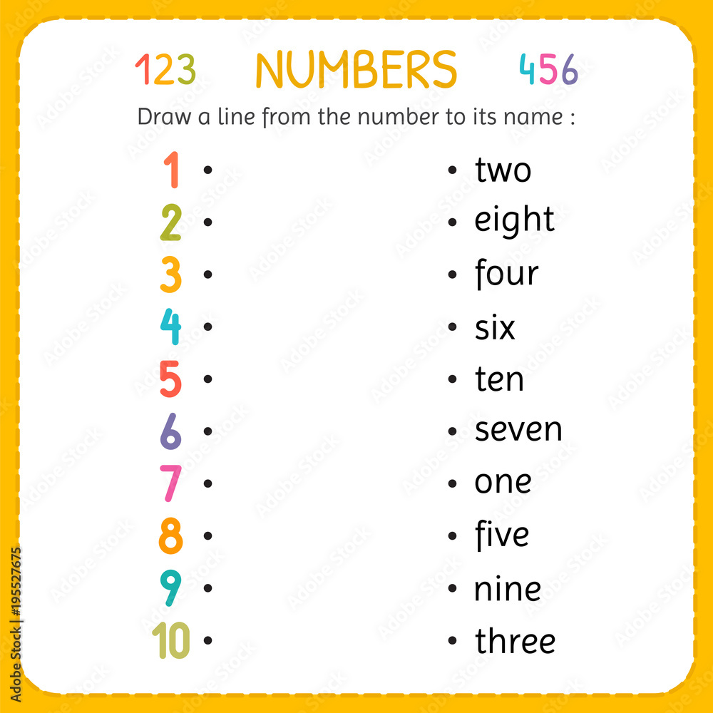 Draw A Line From The Number To Its Name Numbers For Kids Worksheet 