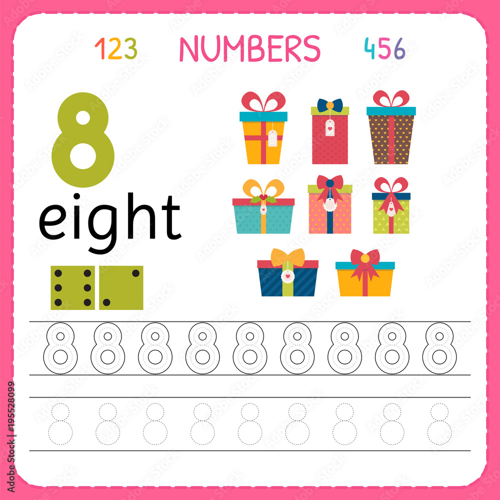 Numbers tracing worksheet for preschool and kindergarten. Writing number Eight. Exercises for kids. Mathematics games Stock Vector | Adobe Stock numbers-tracing-worksheet-for-preschool-and-kindergarten-writing-number-eight-exercises-for-kids-mathematics-games-stock-vector-adobe-stock