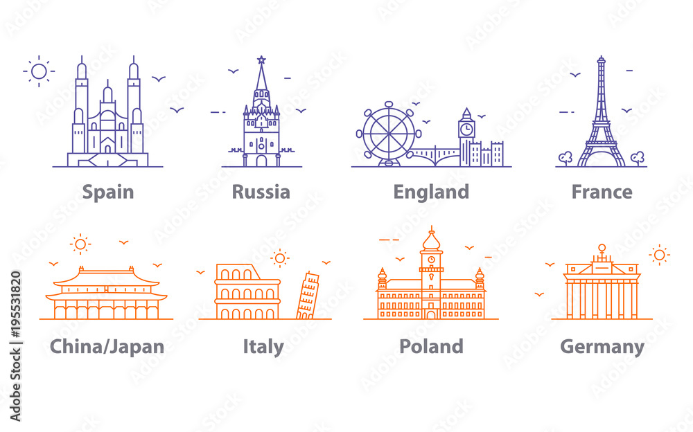 Landmarks icons set, world capitals symbols. Paris and London, Moscow ...