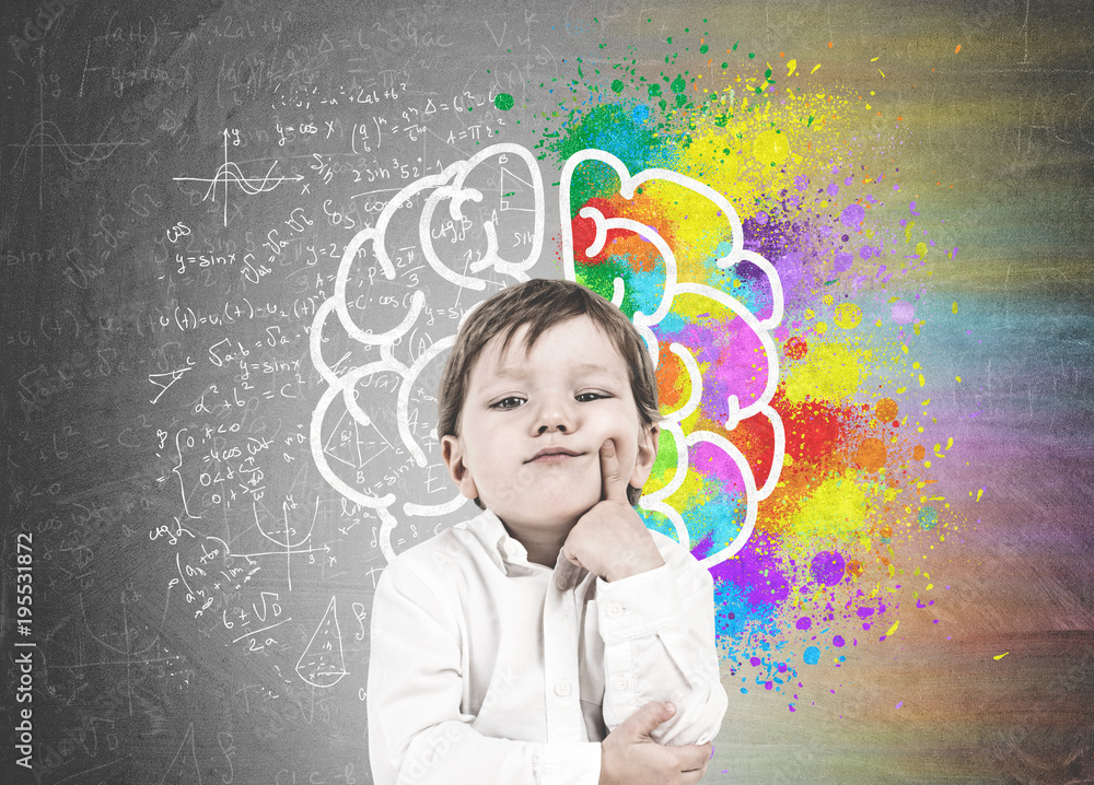 Thinking little boy, finger on cheek, brain Stock Photo | Adobe Stock