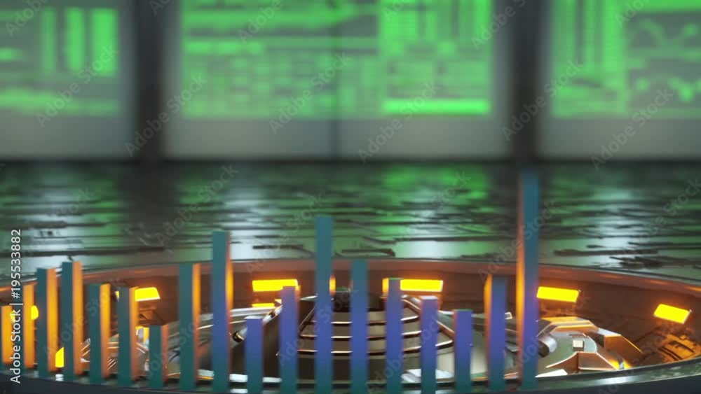 Flowchart icon appears in the middle of hi-tech room full of digital ...