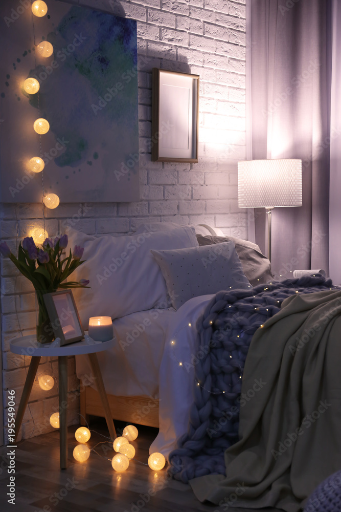 Cozy room interior with comfortable bed. Modern house design Stock ...